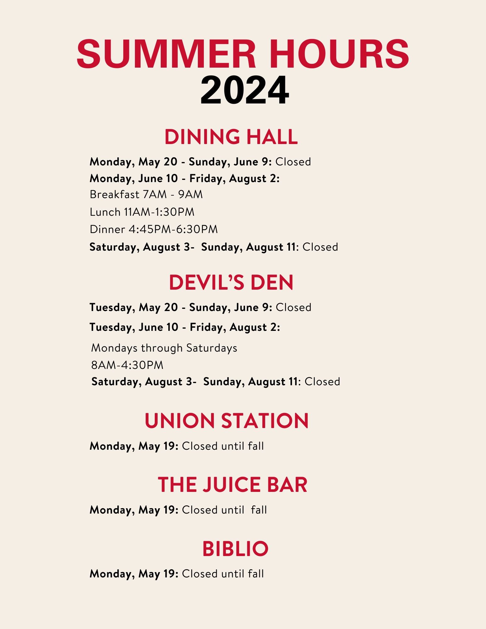 Change in Hours and Announcements | Special Hours, Menus & Information ...